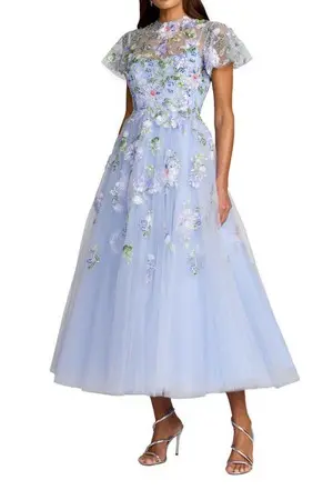 Mac Duggal Flutter Sleeve Embroidered A-line Midi Dress