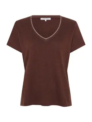 Gerard Darel Mirana Linen V-neck T-shirt With Lurex Collar Detail - Brown