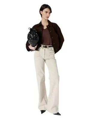 Gerard Darel Mirana Linen V-neck T-shirt With Lurex Collar Detail - Brown