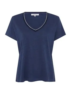 Gerard Darel Mirana Linen V-neck T-shirt With Lurex Collar Detail - Indigo
