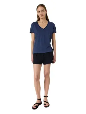 Gerard Darel Mirana Linen V-neck T-shirt With Lurex Collar Detail - Indigo
