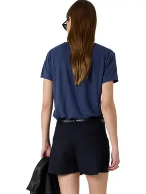 Gerard Darel Mirana Linen V-neck T-shirt With Lurex Collar Detail - Indigo