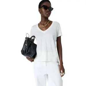 Gerard Darel Mirana Linen V-neck T-shirt With Lurex Collar Detail - White
