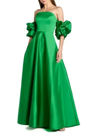 Mac Duggal Satin Off-the-shoulder Puff Sleeve Ballgown