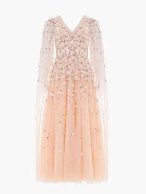 NEEDLE & THREAD Camellia Ditsy Cape Sleeve Ankle Gown - Apricot Blush/multi