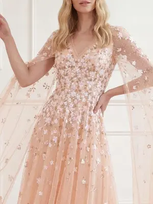 NEEDLE & THREAD Camellia Ditsy Cape Sleeve Ankle Gown - Apricot Blush/multi
