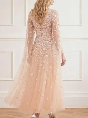 NEEDLE & THREAD Camellia Ditsy Cape Sleeve Ankle Gown - Apricot Blush/multi