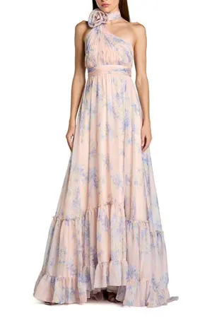 Mac Duggal Floral Chiffon Asymmetrical Halter Gown With Ruffles