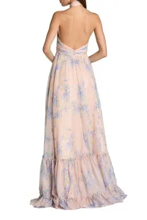 Mac Duggal Floral Chiffon Asymmetrical Halter Gown With Ruffles