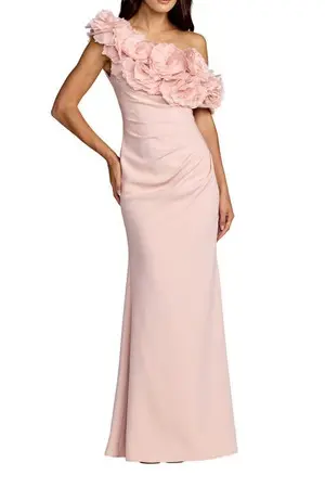 Mac Duggal Crepe One-shoulder Gown With Floral Applique