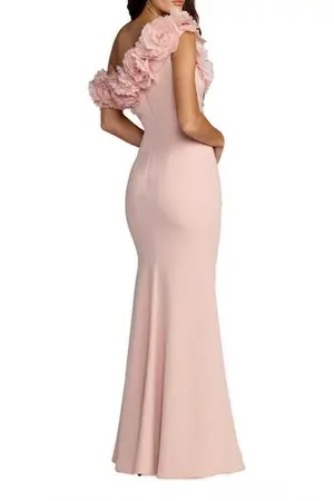 Mac Duggal Crepe One-shoulder Gown With Floral Applique