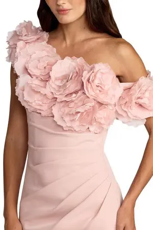 Mac Duggal Crepe One-shoulder Gown With Floral Applique