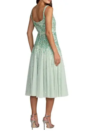 Mac Duggal Beaded Mesh Midi Dress