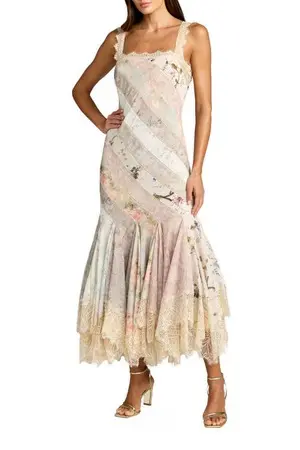 Mac Duggal Floral Chiffon Midi Dress With Lace Trim - Pastel Multi