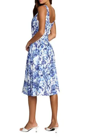 Mac Duggal Crepe Floral Square Neck Midi Dress - Blue Multi