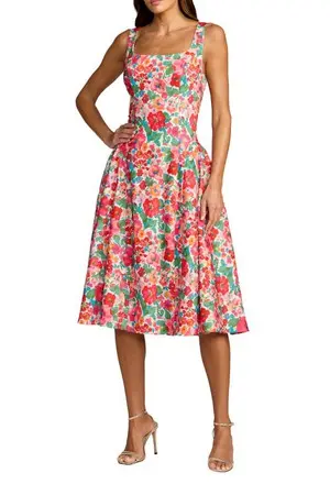 Mac Duggal Crepe Floral Square Neck Midi Dress - Pink Multi