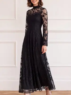 NEEDLE & THREAD Sylvia Rose Long Sleeve Ankle Gown - Jet Black