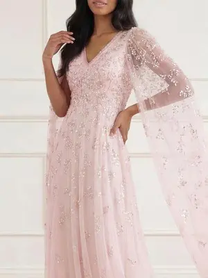NEEDLE & THREAD Freesia Shimmer Cape Sleeve Ankle Gown - Opal
