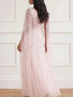 NEEDLE & THREAD Freesia Shimmer Cape Sleeve Ankle Gown - Opal