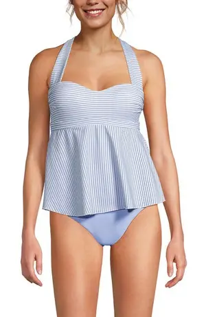 LANDS' END Sweetheart Fauxkini One Piece - Soft Cloud Blue Mini Stripe
