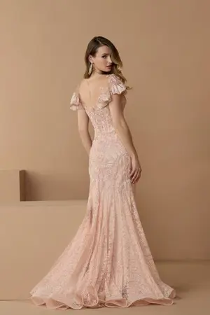Mac Duggal Embroidered Lace Trumpet Gown With Flutter Sleeves