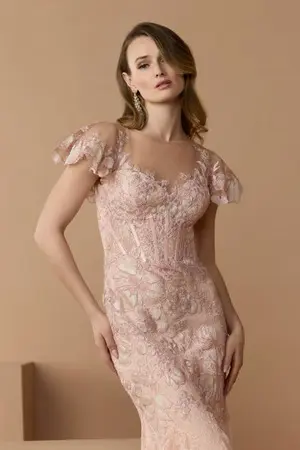 Mac Duggal Embroidered Lace Trumpet Gown With Flutter Sleeves