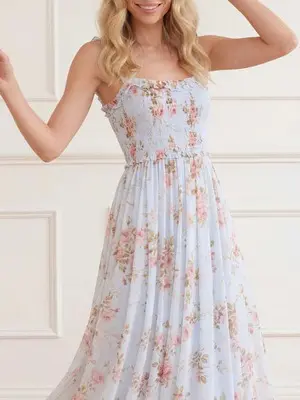 NEEDLE & THREAD Summer's Rose Chiffon Cami Ankle Gown - Aqua