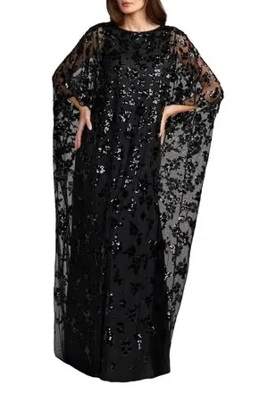 Mac Duggal Sequin Floral Cape Sleeve Caftan Gown - Black