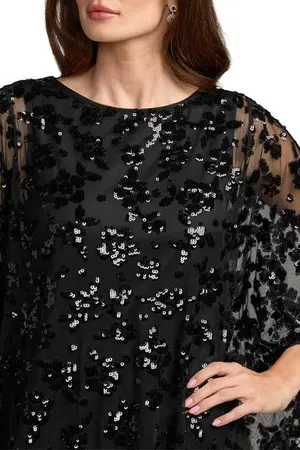 Mac Duggal Sequin Floral Cape Sleeve Caftan Gown - Black
