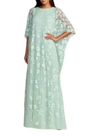 Mac Duggal Sequin Floral Cape Sleeve Caftan Gown - Seafoam