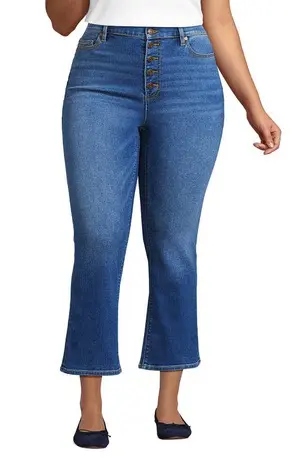 LANDS' END High Rise Button-fly Kick Flare Crop Jeans - Indigo Tide Blue
