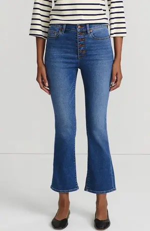 LANDS' END High Rise Button-fly Kick Flare Crop Jeans - Indigo Tide Blue