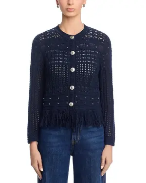 MILLY Beaded Fringe Crewneck Cardigan