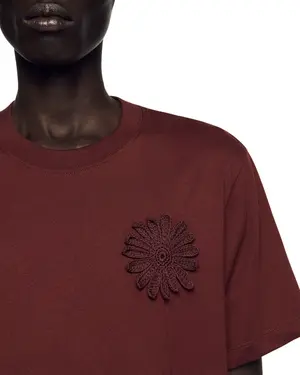 Sandro Cotton Crochet Flower Tee - Chocolate