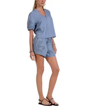 Elan Chambray Split Neck Top