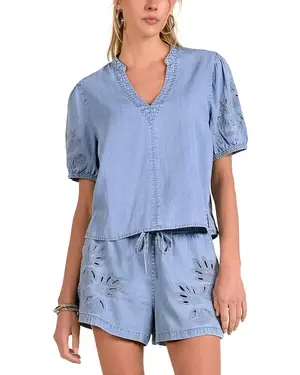 Elan Chambray Split Neck Top