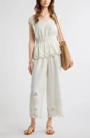 Treasure & Bond Cutwork Hem Linen Blend Pants - Ivory Egret