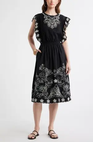 Treasure & Bond Floral Embroidered Flutter Sleeve Midi Dress