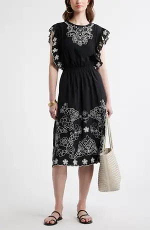 Treasure & Bond Floral Embroidered Flutter Sleeve Midi Dress
