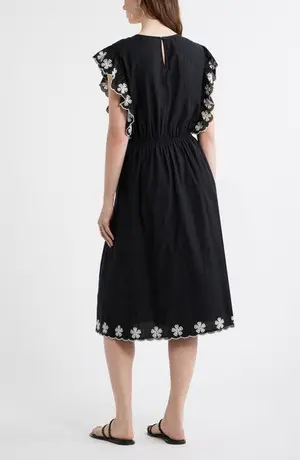 Treasure & Bond Floral Embroidered Flutter Sleeve Midi Dress