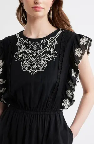 Treasure & Bond Floral Embroidered Flutter Sleeve Midi Dress