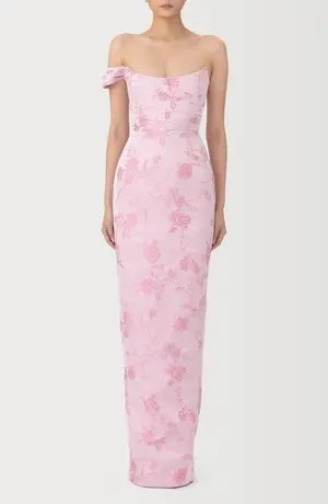 SAU LEE Metallic Floral Brocade Strapless Gown