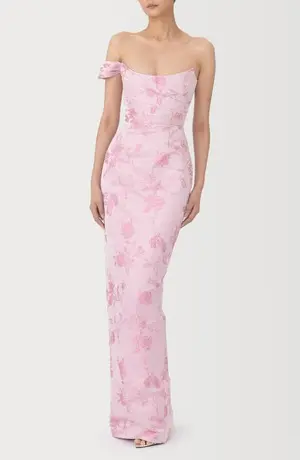 SAU LEE Metallic Floral Brocade Strapless Gown