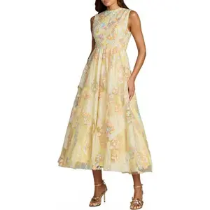 Mac Duggal Floral Embroidered Tulle Midi Dress - Yellow Multi