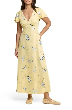 NOBODY'S CHILD Iris Trim Floral Print Maxi Dress - Yellow