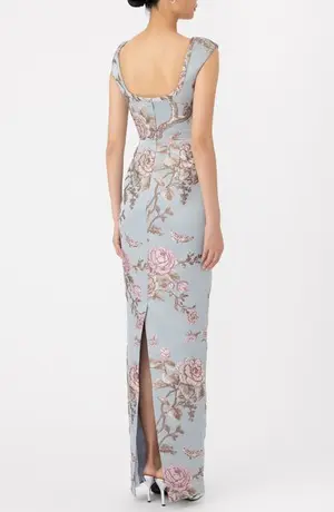 SAU LEE Brooke Floral Brocade Column Gown