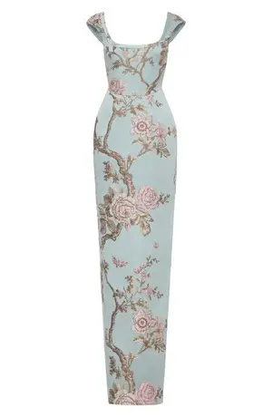 SAU LEE Brooke Floral Brocade Column Gown