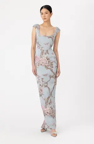 SAU LEE Brooke Floral Brocade Column Gown