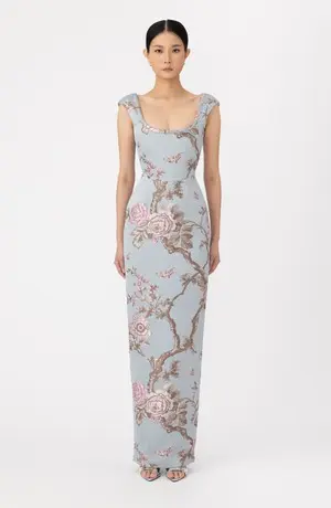 SAU LEE Brooke Floral Brocade Column Gown