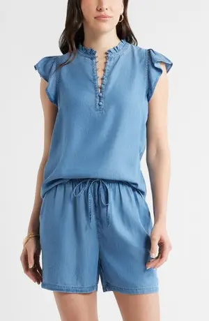 Caslon Flutter Sleeve Popover Chambray Top - Medium Wash